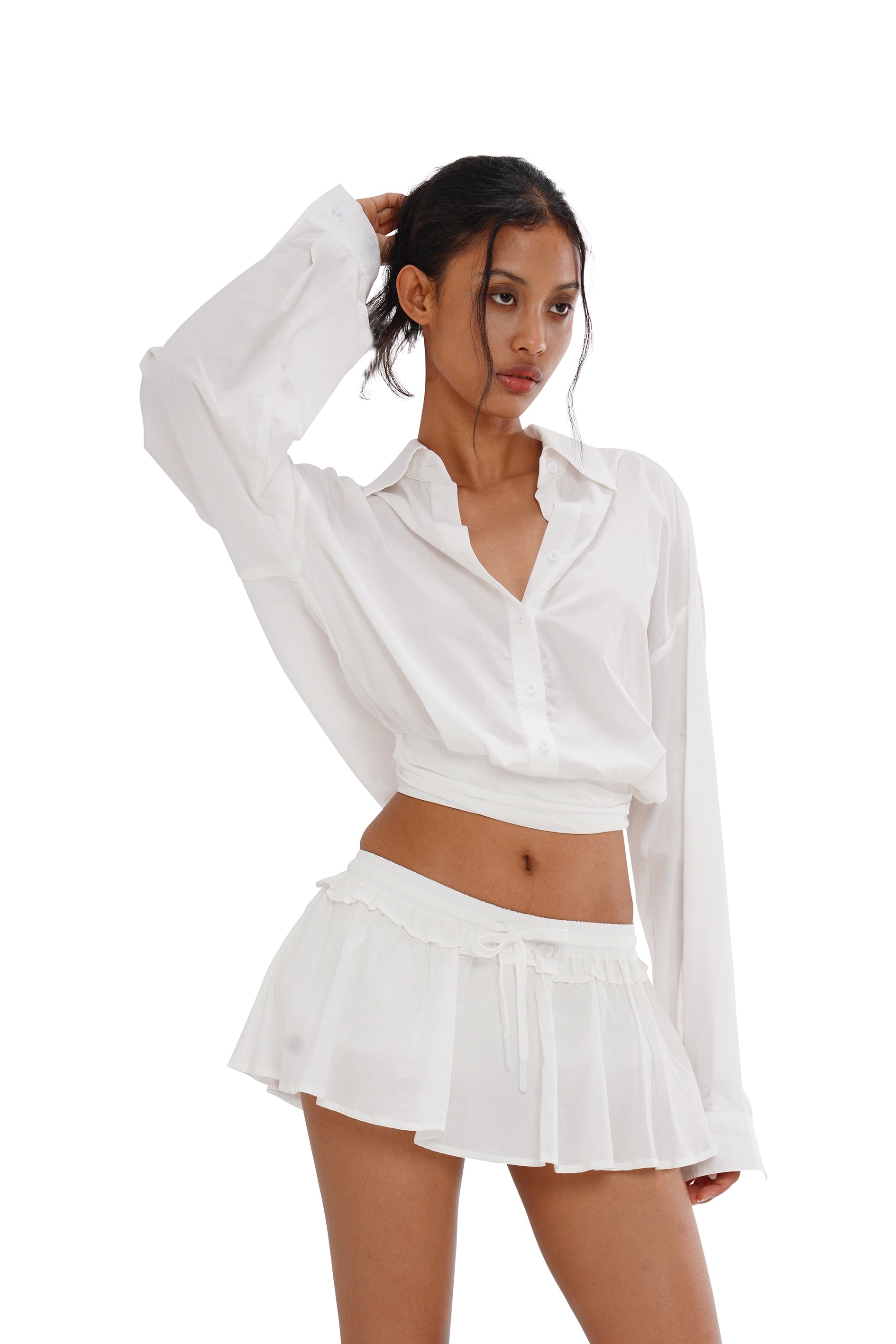 CROPPED SHIRT WITH TIGHT HEM & MINI SKIRT WITH ADJUSTABLE TIE WAIST- S ...
